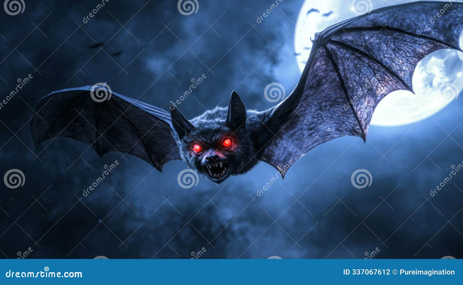 A Ferocious Bat with Red Eyes Flying Under a Full Moon Stock ...