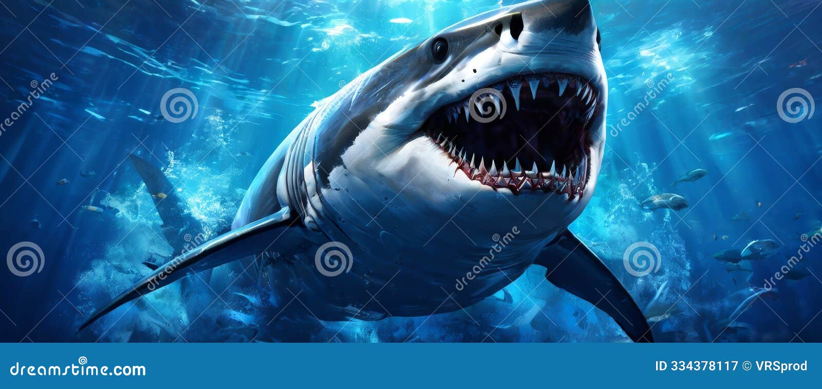Ferocious Great White Shark Emerging in Dynamic Ocean Scene Stock Image ...