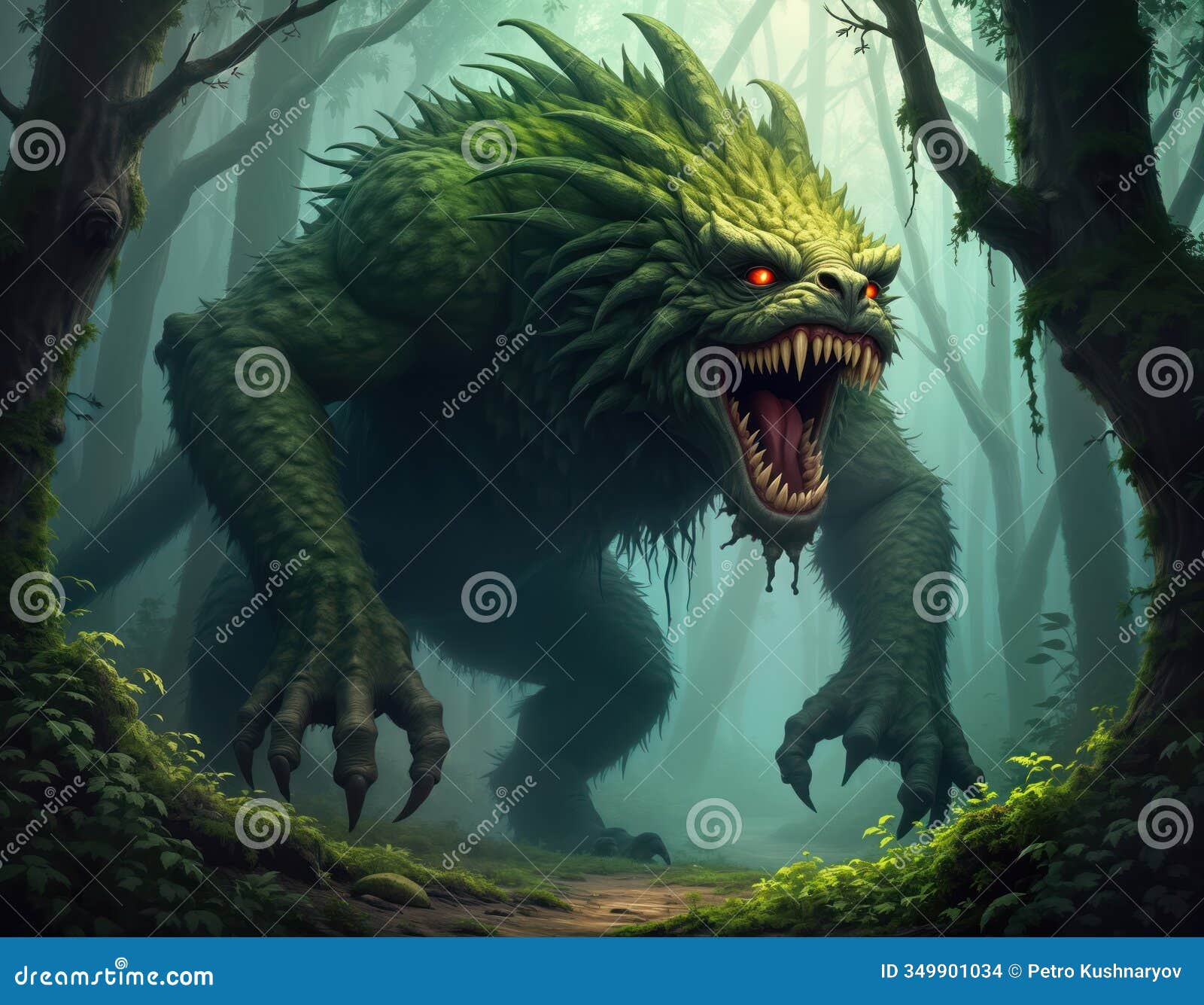 Ferocious Green Fantasy Creature Prowls Misty Forest. Huge Beast with ...