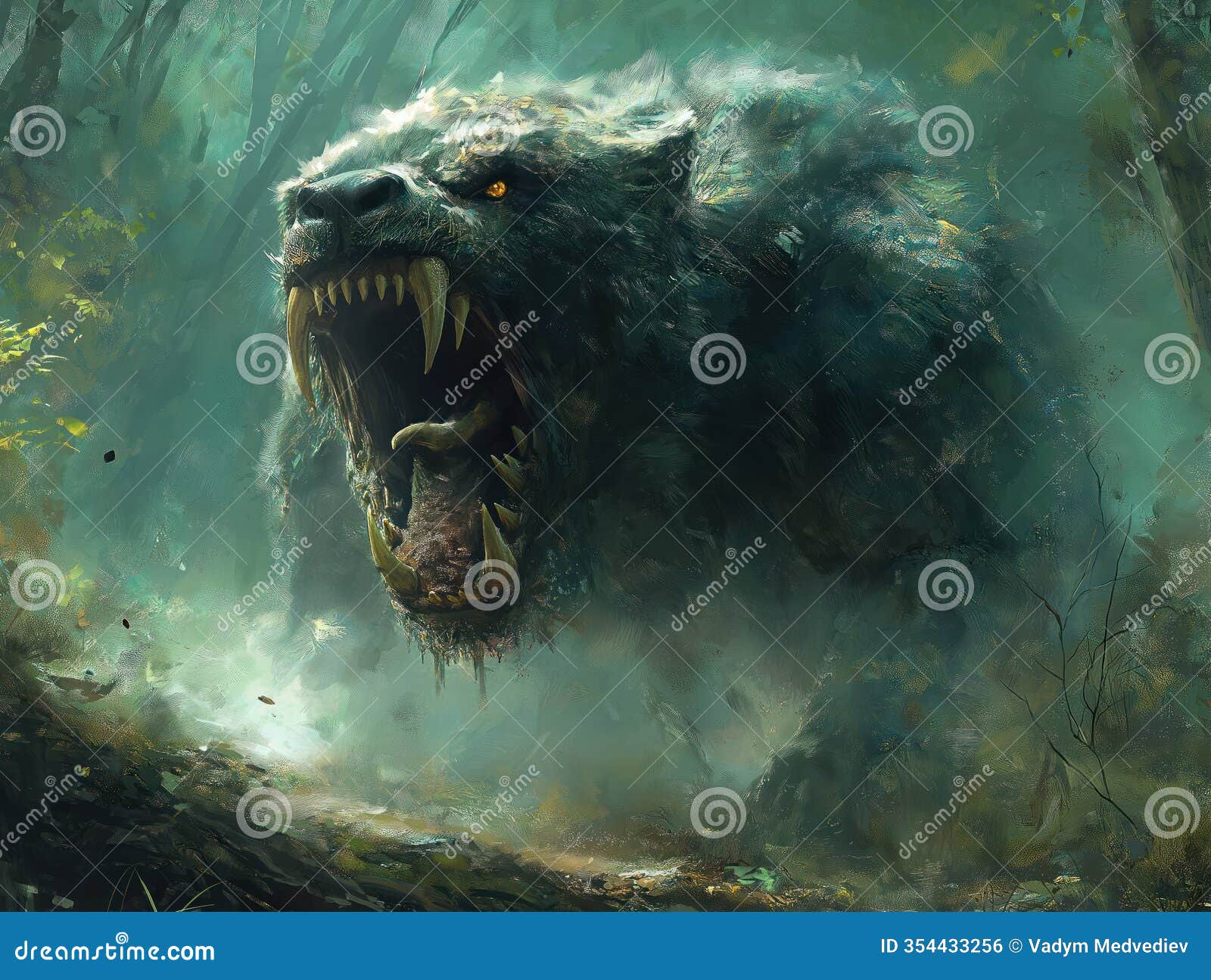 Ferocious Mythical Beast Roams Dark Forest. Creature Has Sharp Fangs ...