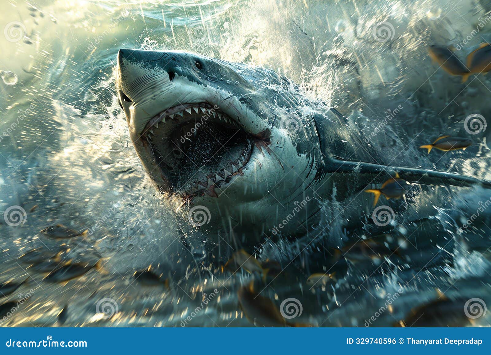 A Ferocious Shark Emerges from Turbulent Waters, Displaying Its Sharp ...