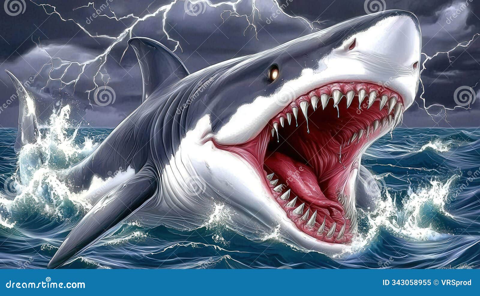 Ferocious Shark Emerging from Stormy Ocean with Lightning Backdrop ...