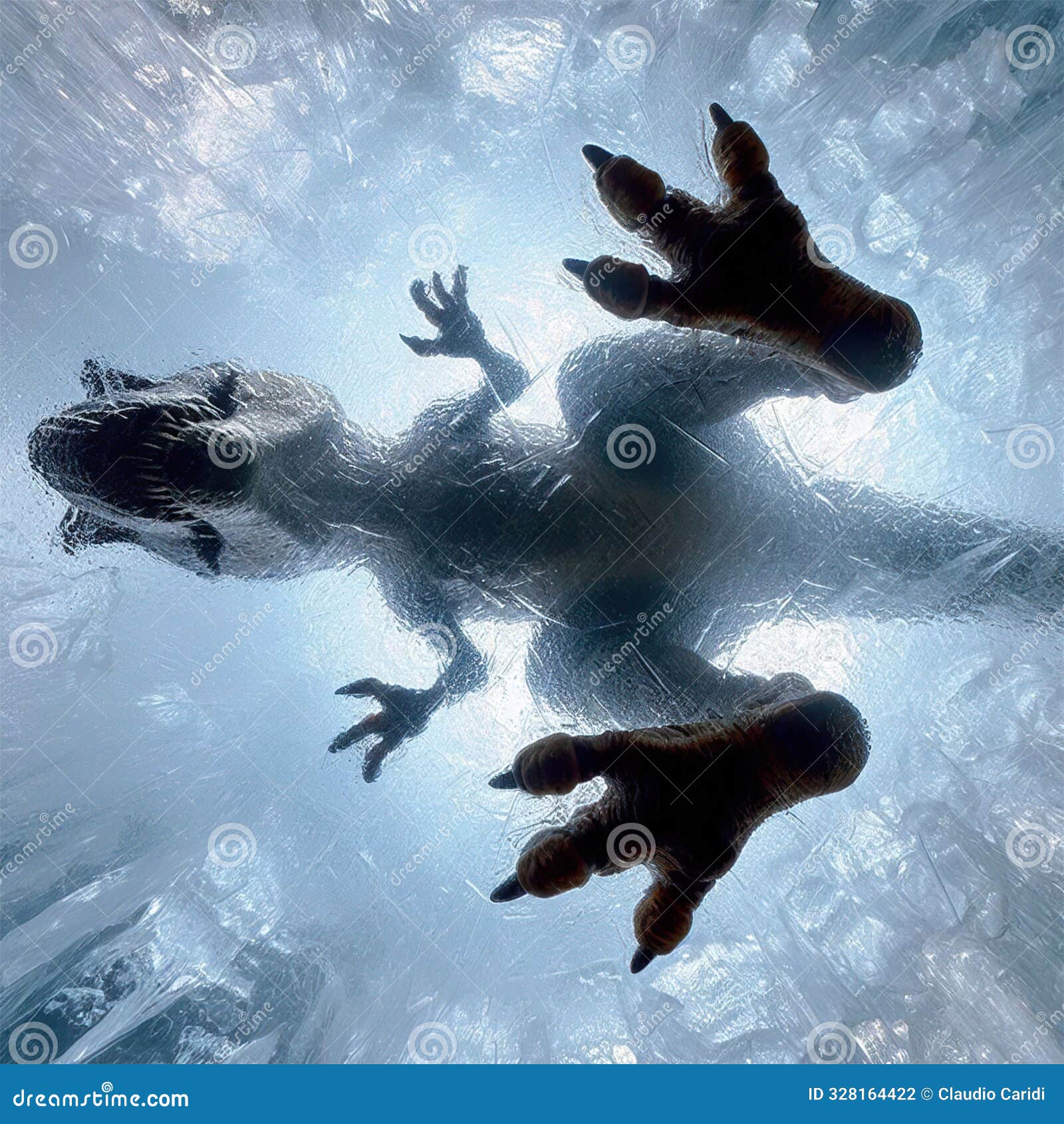 A Ferocious T-Rex Walking on Thin Ice. View from Below Stock ...