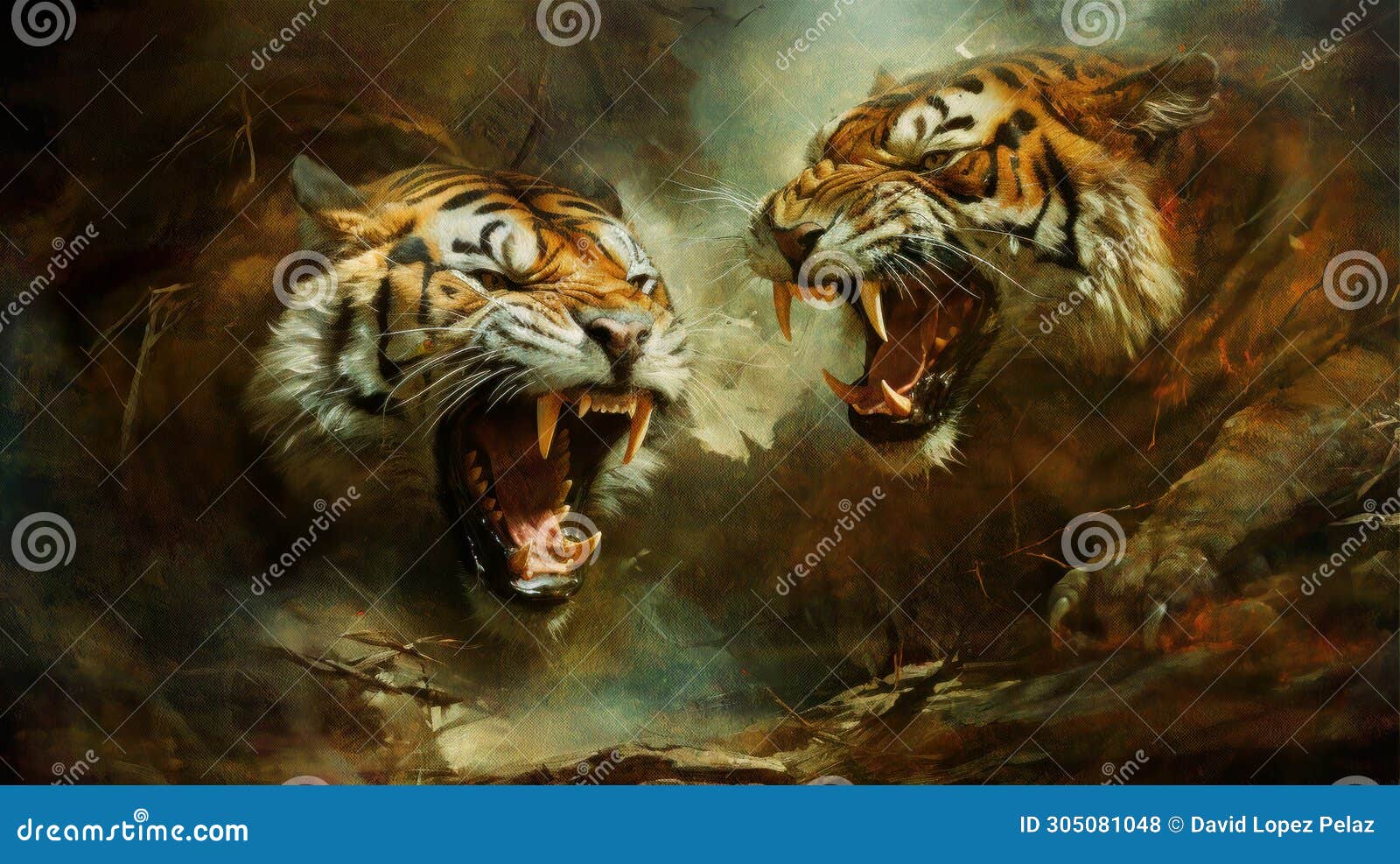 Ferocious Tigers Roaring in a Dramatic Encounter. Generative AI Stock ...