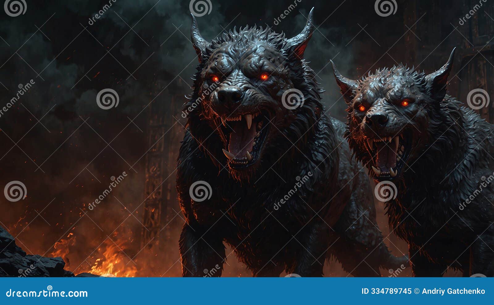 Ferocious Two-headed Hellhound with Glowing Red Eyes and Sharp Teeth in a Fiery Dark Setting ...