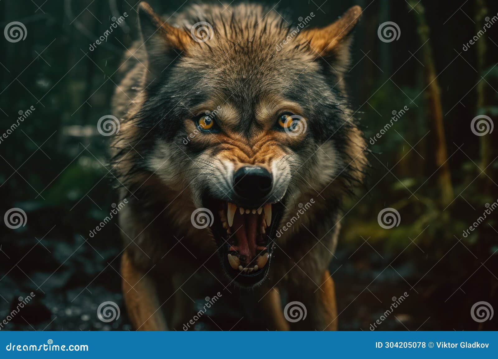 Ferocious Wolf in Dark Rainy Forest. Generative AI Stock Photo - Image ...