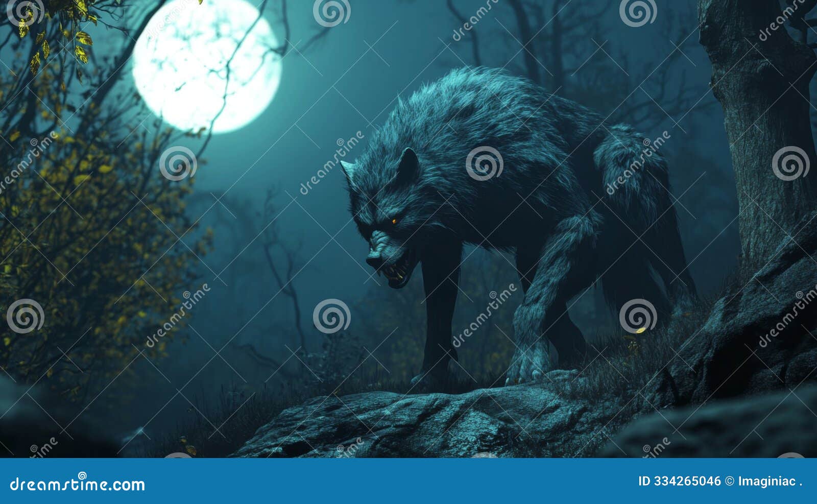 A Ferocious Wolf Prowls Under a Full Moon in a Dark Forest Stock ...