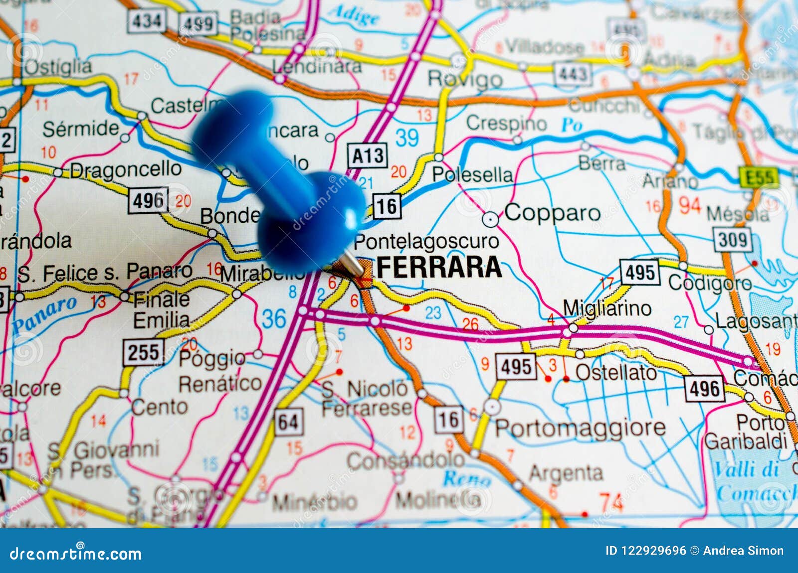 Ferrara on map stock photo. Image of papers, maps, city - 122929696