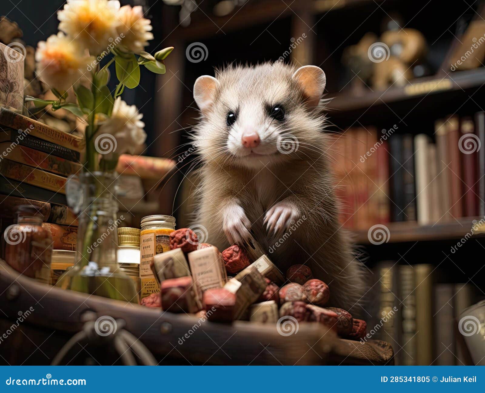 Ferret Reading Tiny Book in Mini Library Stock Illustration ...