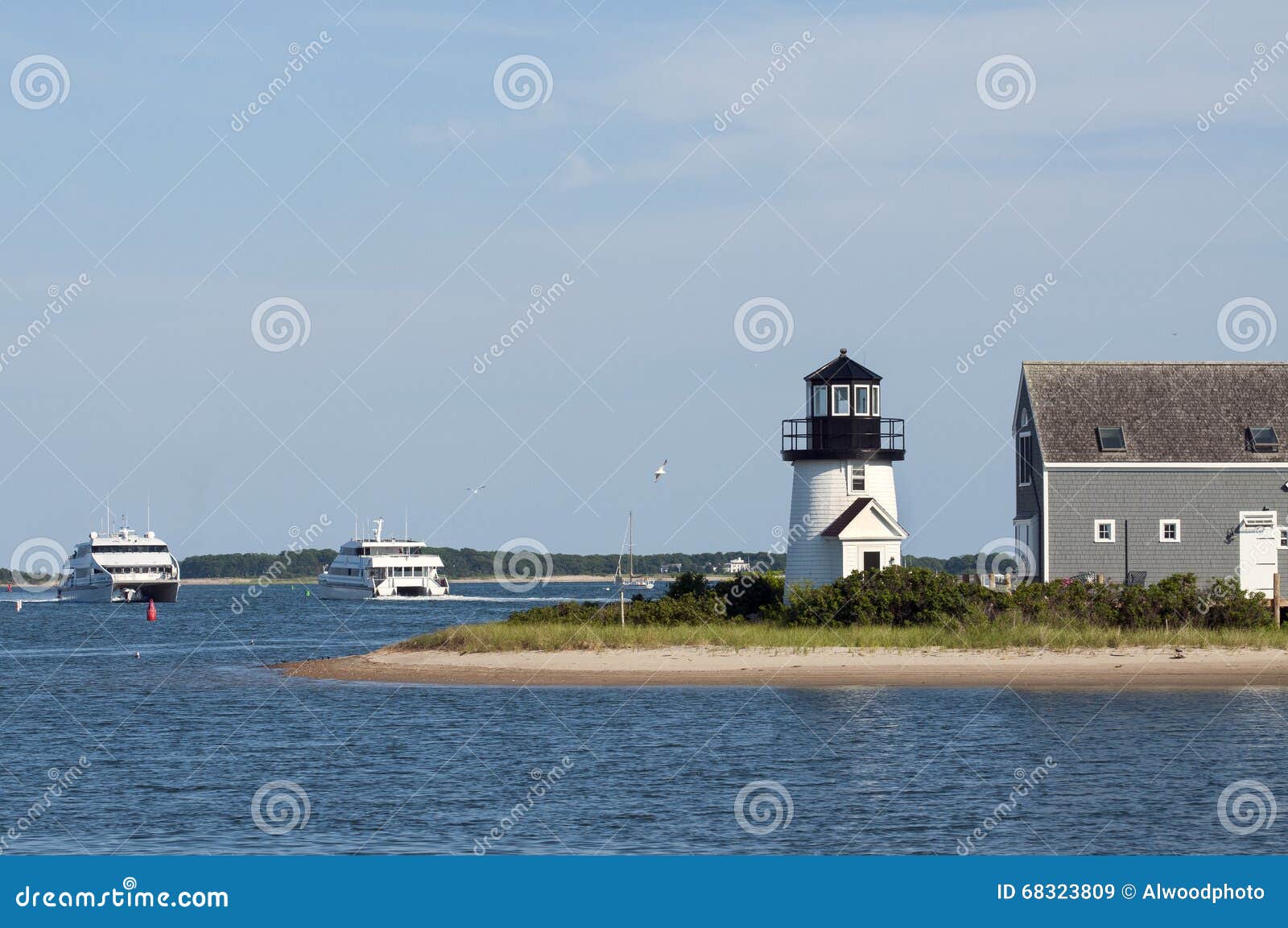Ferries Pass by Lighthouse on Cape Cod Stock Image - Image of beacon ...