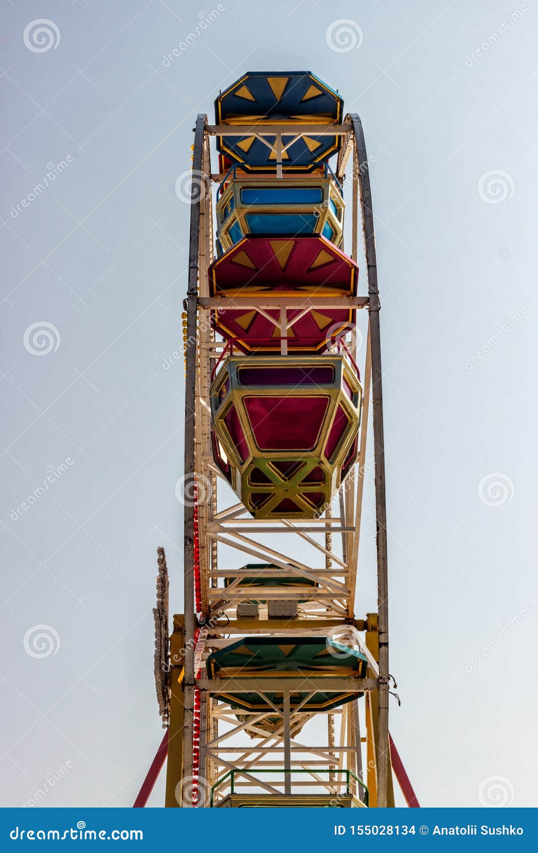 Ferris Wheel with Booths on Blue Sky Background Stock Photo - Image of ...