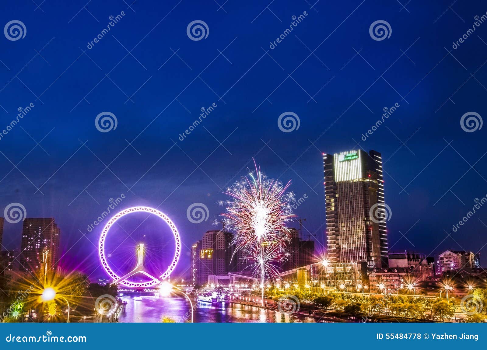 Ferris Wheel on the Bridge with Fireworks Editorial Stock Photo - Image ...