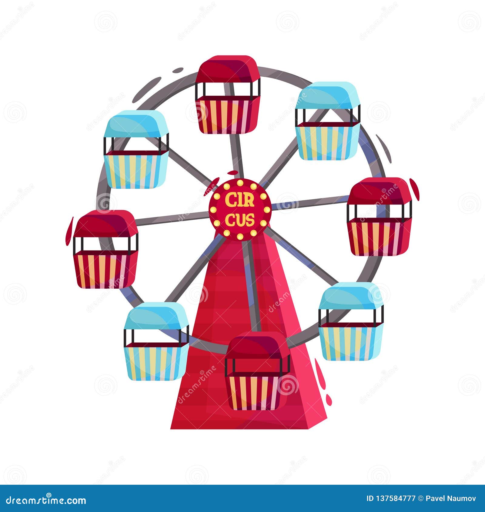 Ferris Wheel With Red And Blue Cabins. Carousel Of Amusement Park. Fun ...