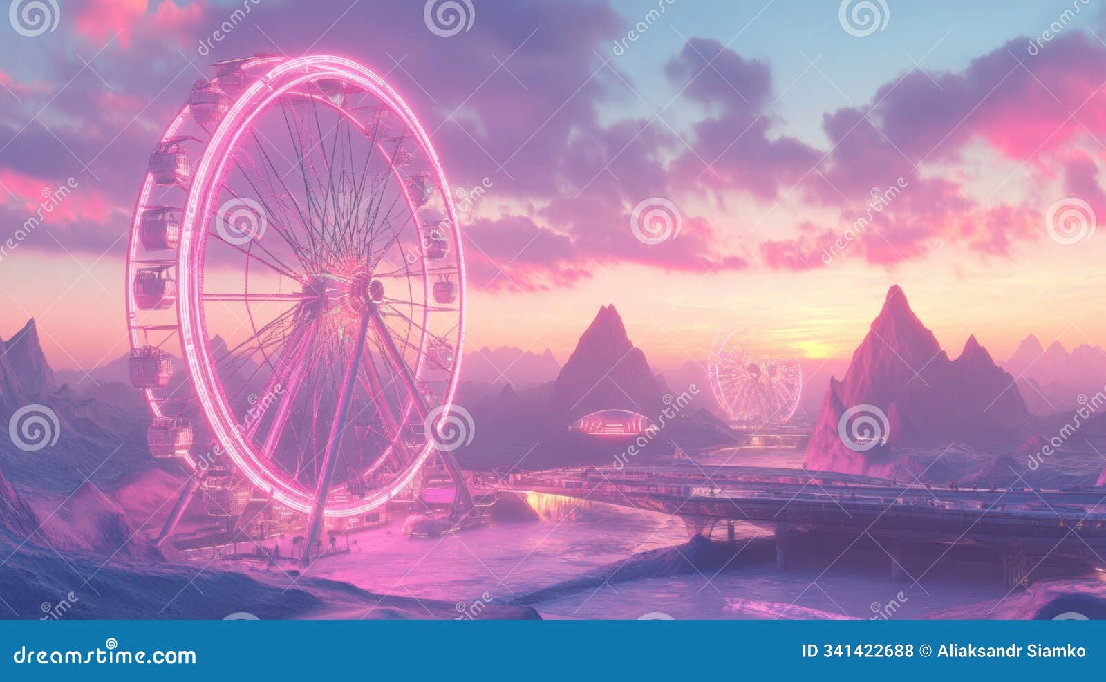 Ferris Wheel with Sunset Background Futuristic Theme 3D Render Stock ...