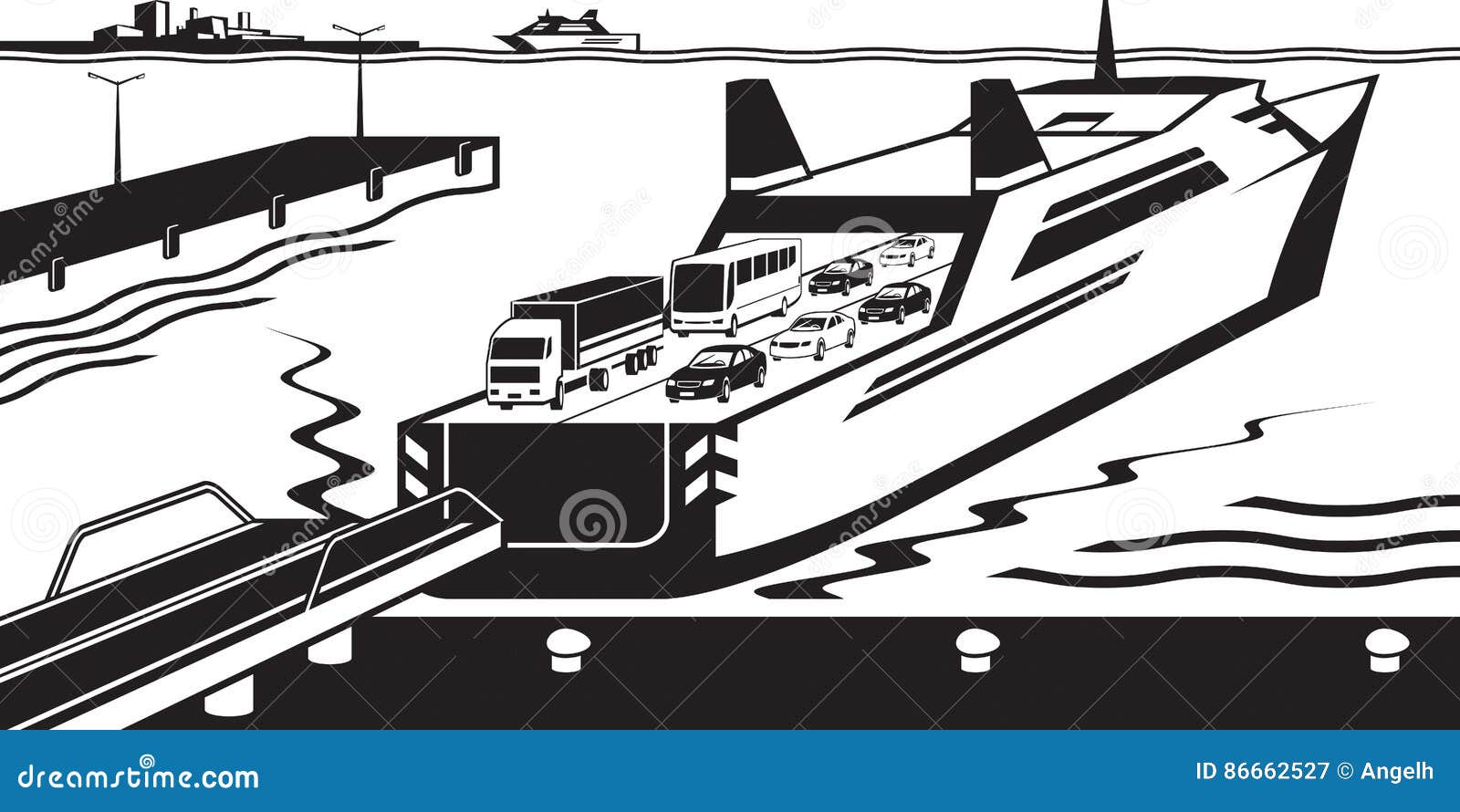 Ferry boat docked in port stock vector. Illustration of cargo - 86662527