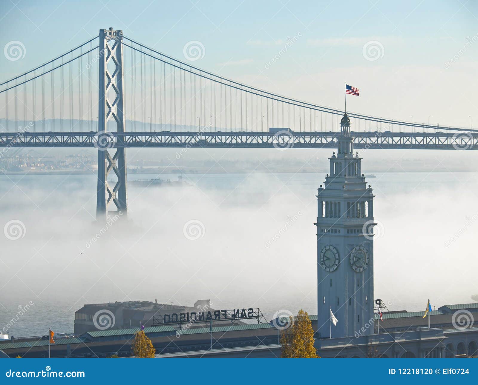 Ferry Building & Bay Bridge Mist Over Stock Photo - Image of cloud ...