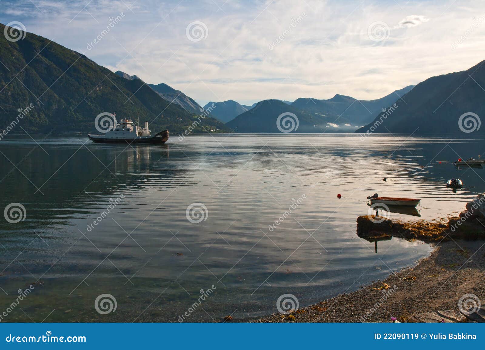 The Ferry through Fjord, Morning Stock Image - Image of mountains ...