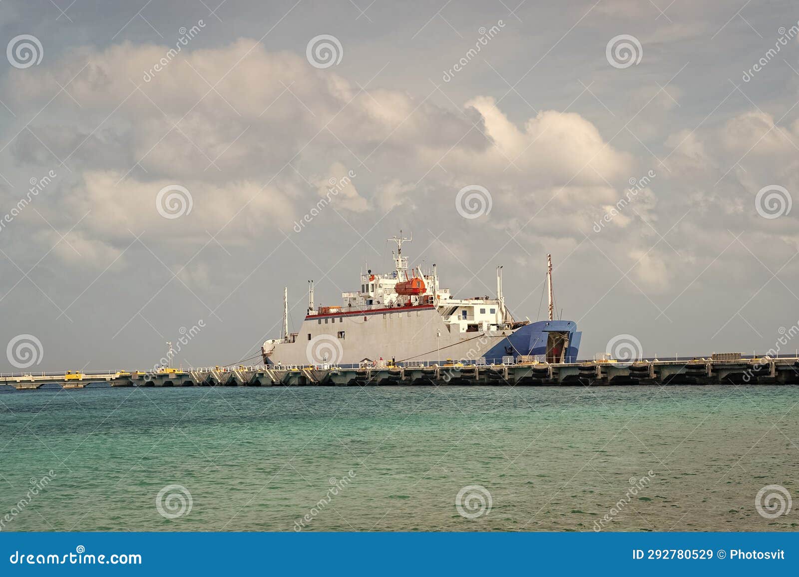 Ferry Ship in Docked Harbor, Side View. Ferry Ship in Harbor or Seaport ...