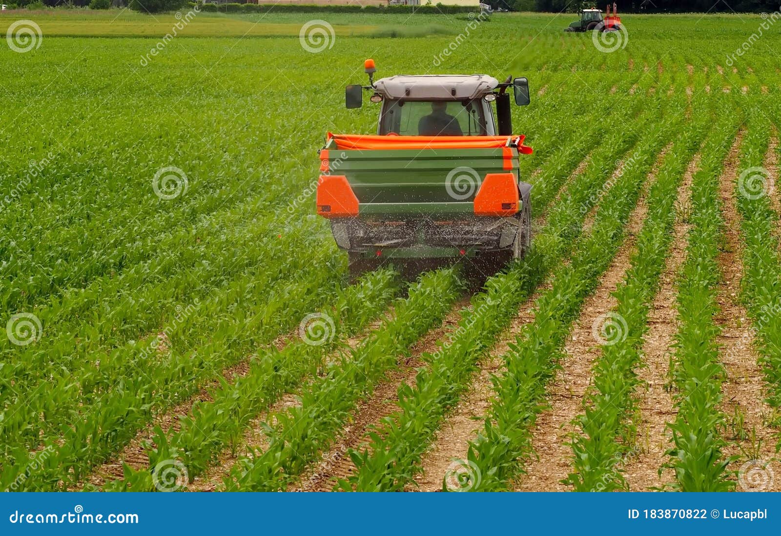 Fertiliser Spreader Machine Trailed by Tractor on a Field with Young ...