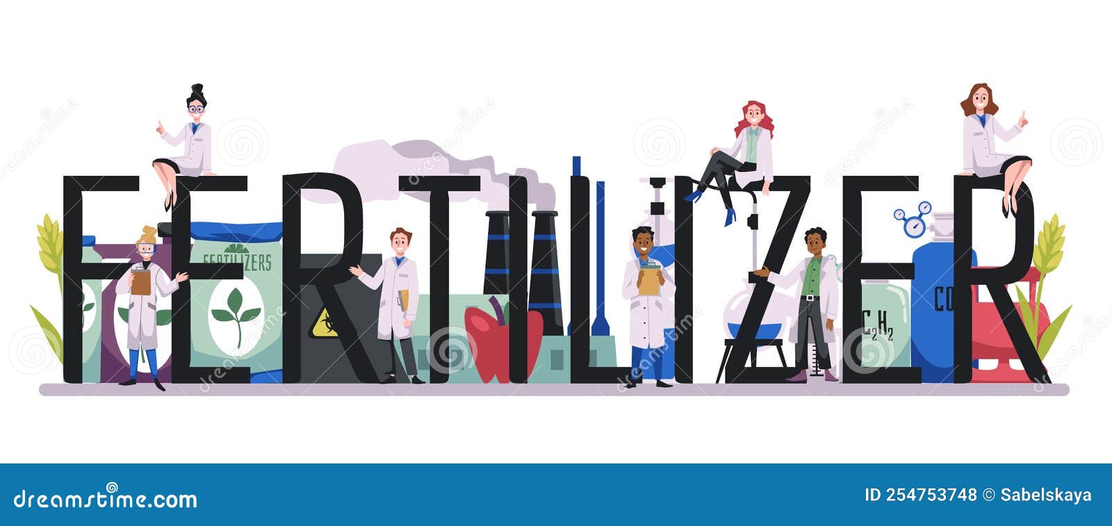Fertilizer Production Typographic Header with Scientists, Chemical ...