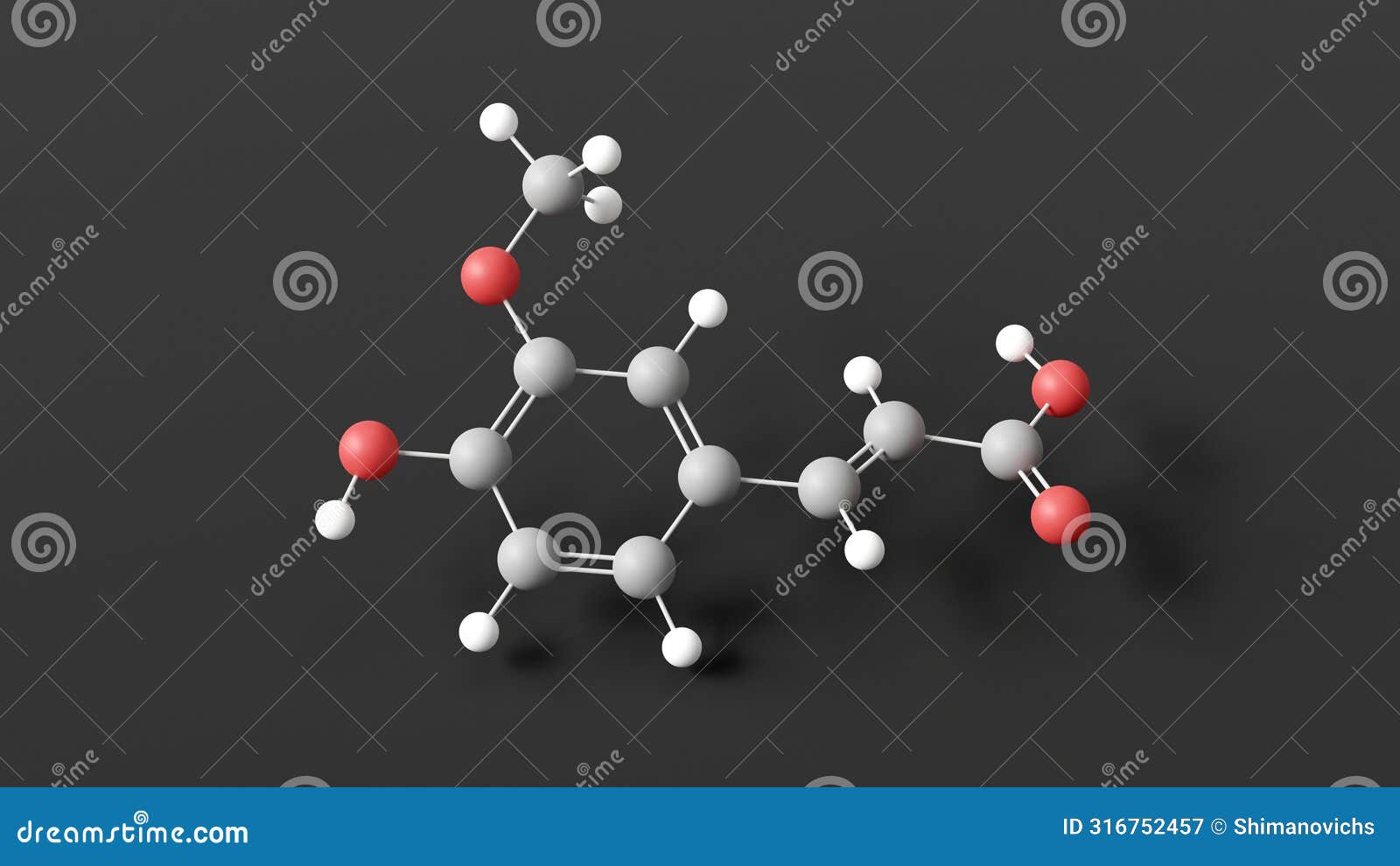 Ferulic Acid Molecular Structure, Hydroxycinnamic Acid, Ball and Stick ...