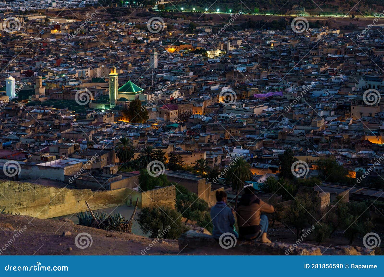 Morocco. Fez. View from the Hill Above the Old Medina in Fez at Night ...