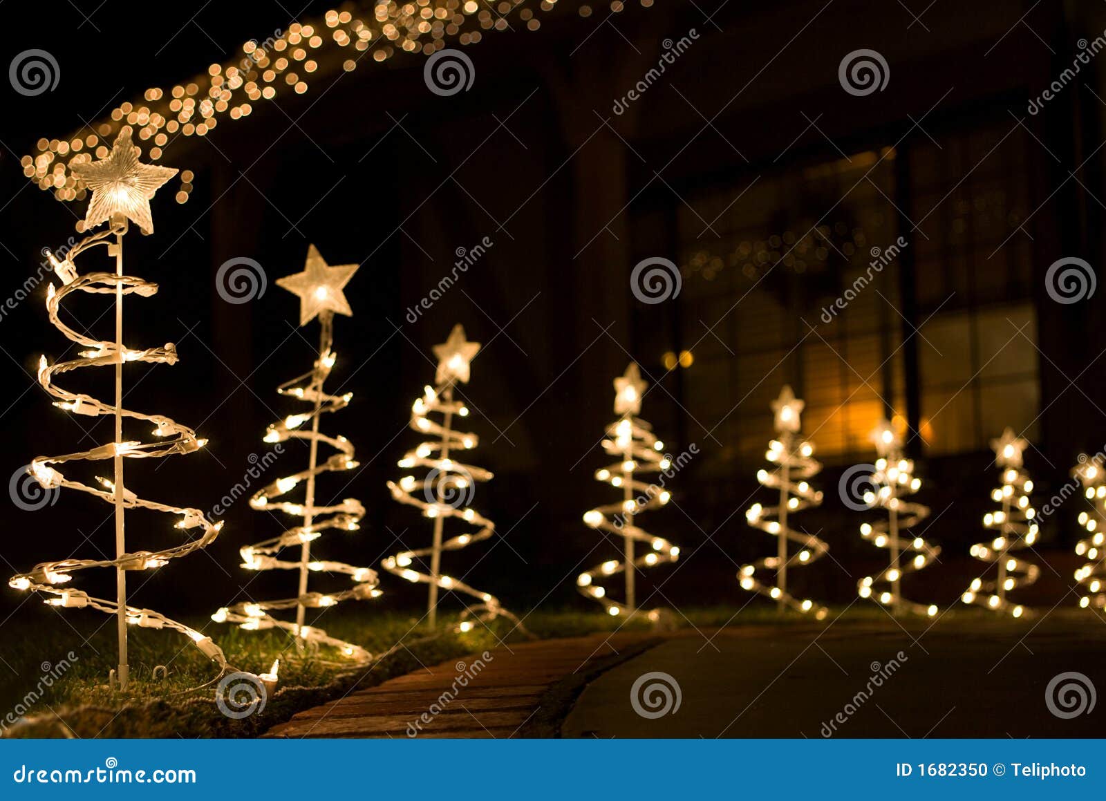 Outdoor Holiday Lights Christmas Trees Outside House Night Time Stock ...