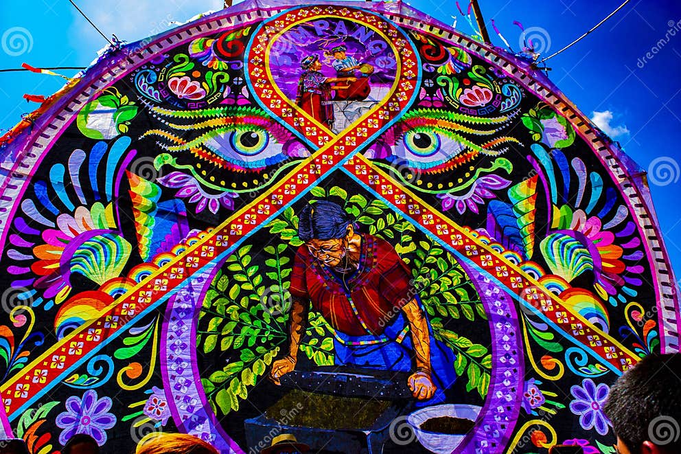 Festival Of Giant Colorful Kites With Mayan Figure Of An Indigenous Woman Editorial Photography