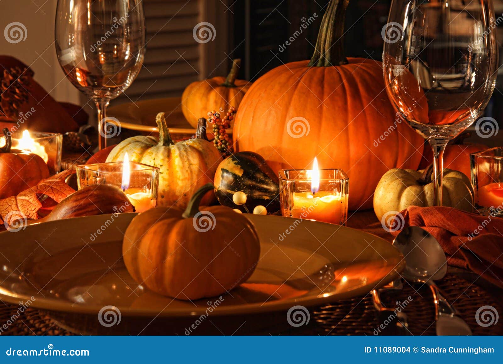 Festive Autumn Place Settings with Pumpkins Stock Photo - Image of ...