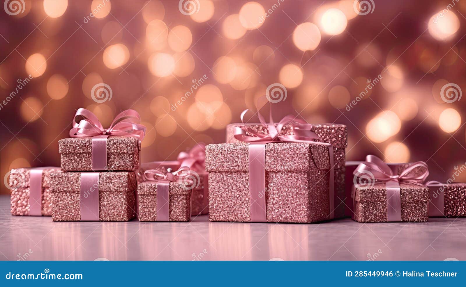 Festive Background, Sparkling Pink Gift Boxes, Pink Gold Gradient ...