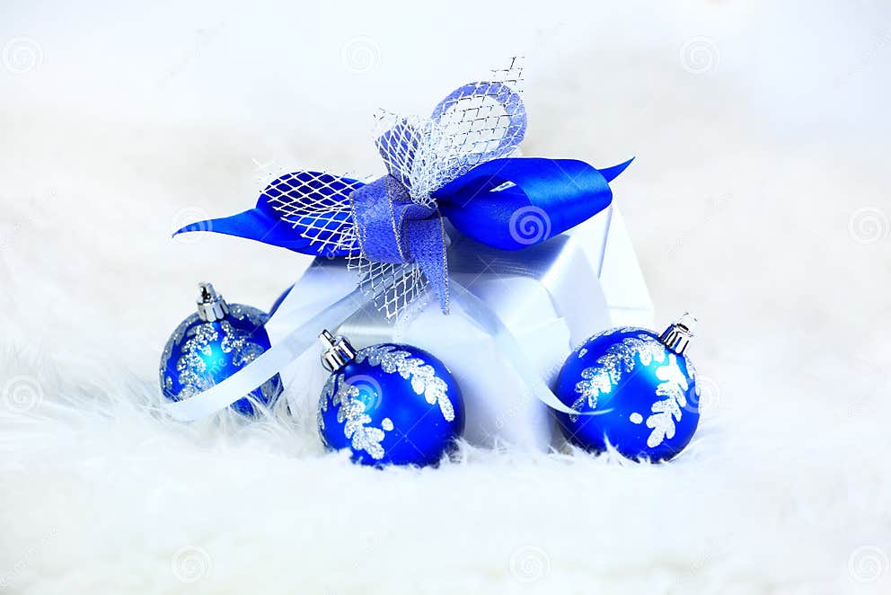 Festive Balls with Gift Box Stock Image - Image of blue, golden: 22506607