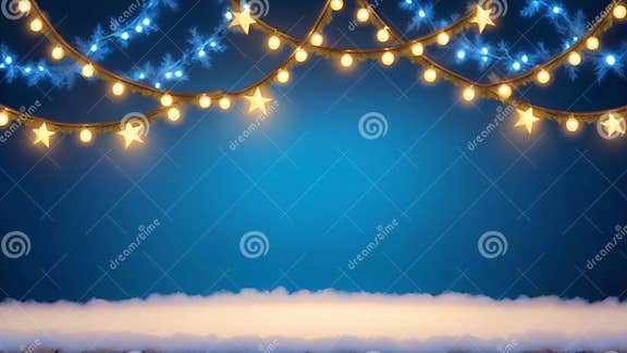 Festive Blue Background with String Lights and Snow Stock Illustration ...