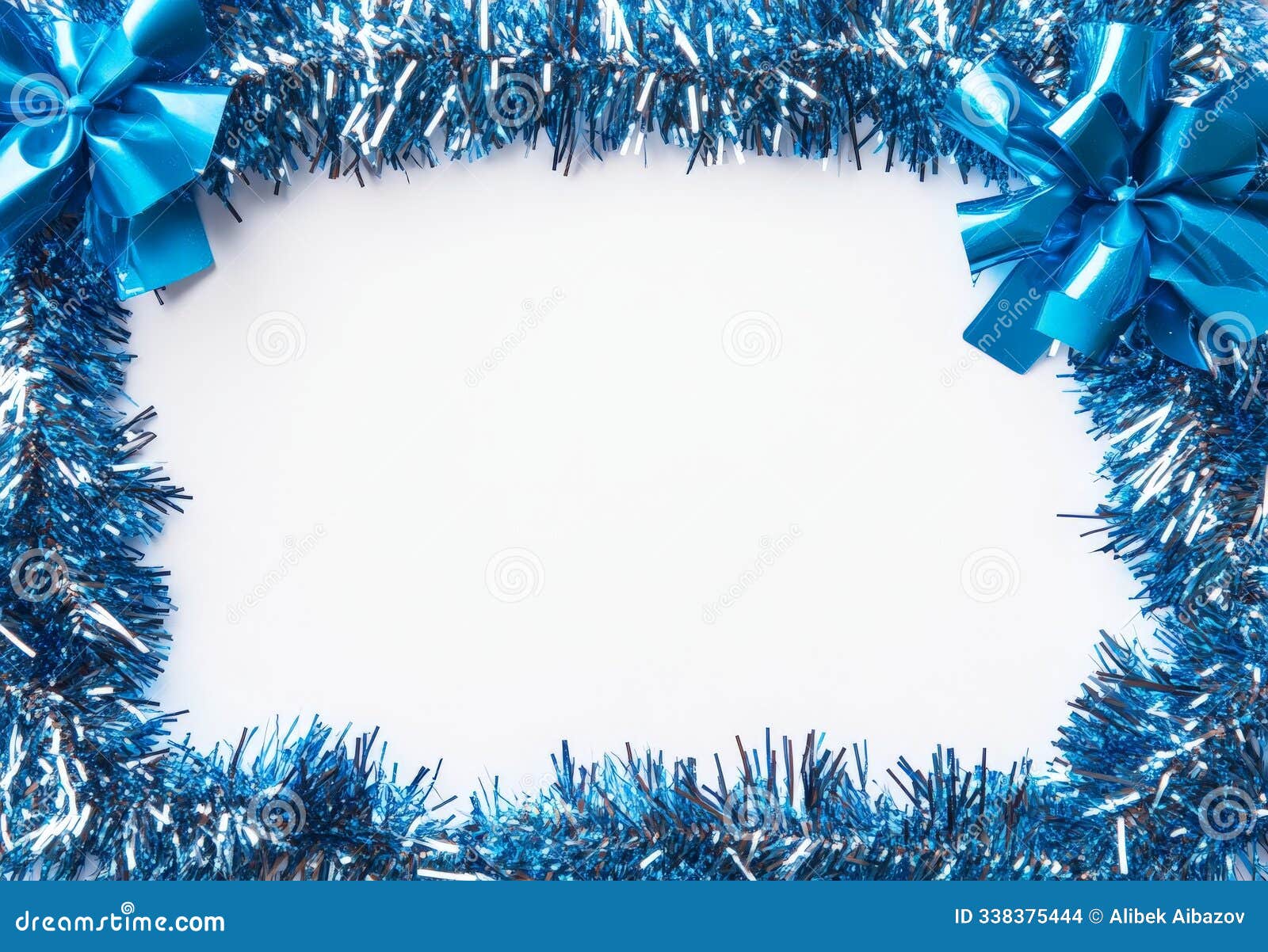 Festive Blue Tinsel Frame with Bows on White Background for Holiday ...