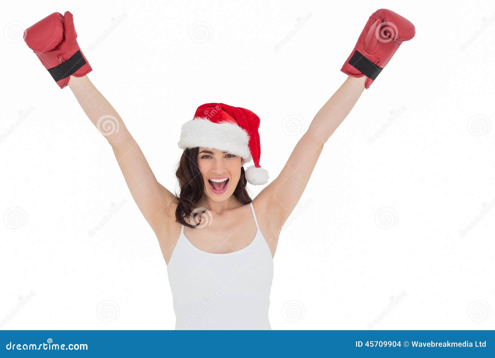 Festive Brunette in Boxing Gloves Cheering Stock Photo - Image of woman ...