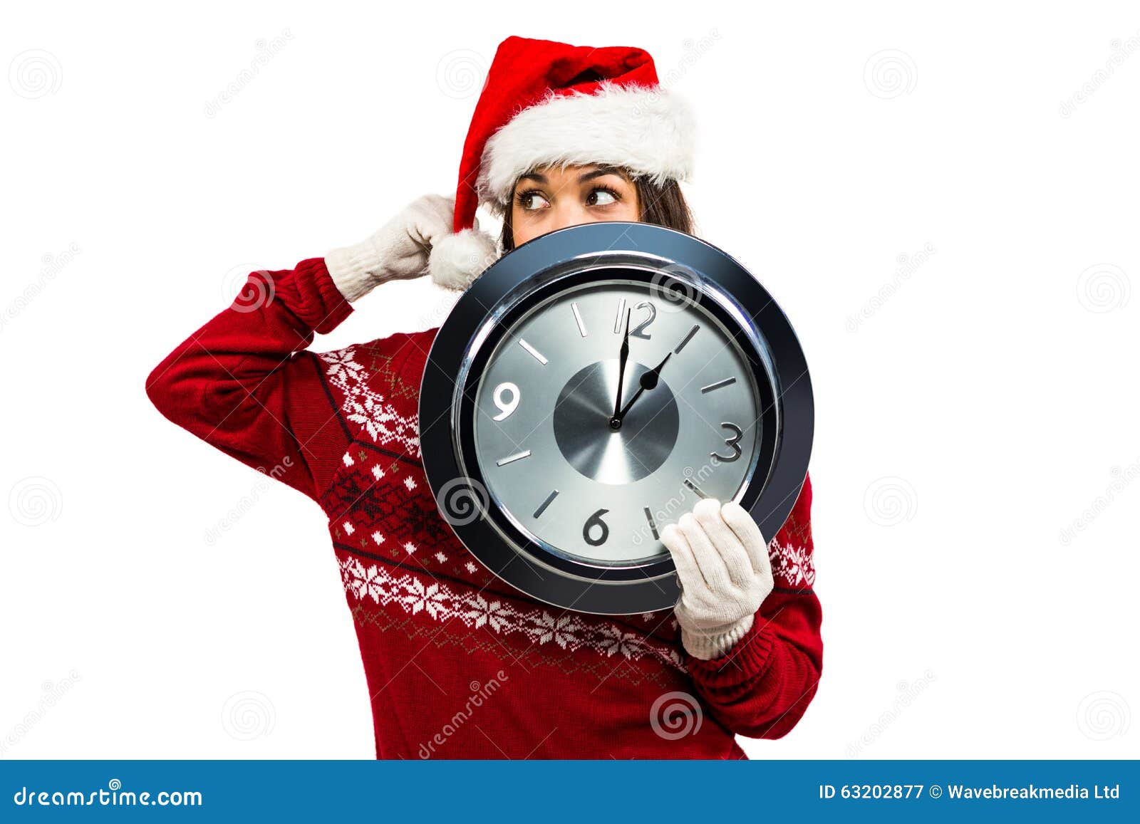 Festive Brunette Showing a Clock Stock Image - Image of festive, cozy ...