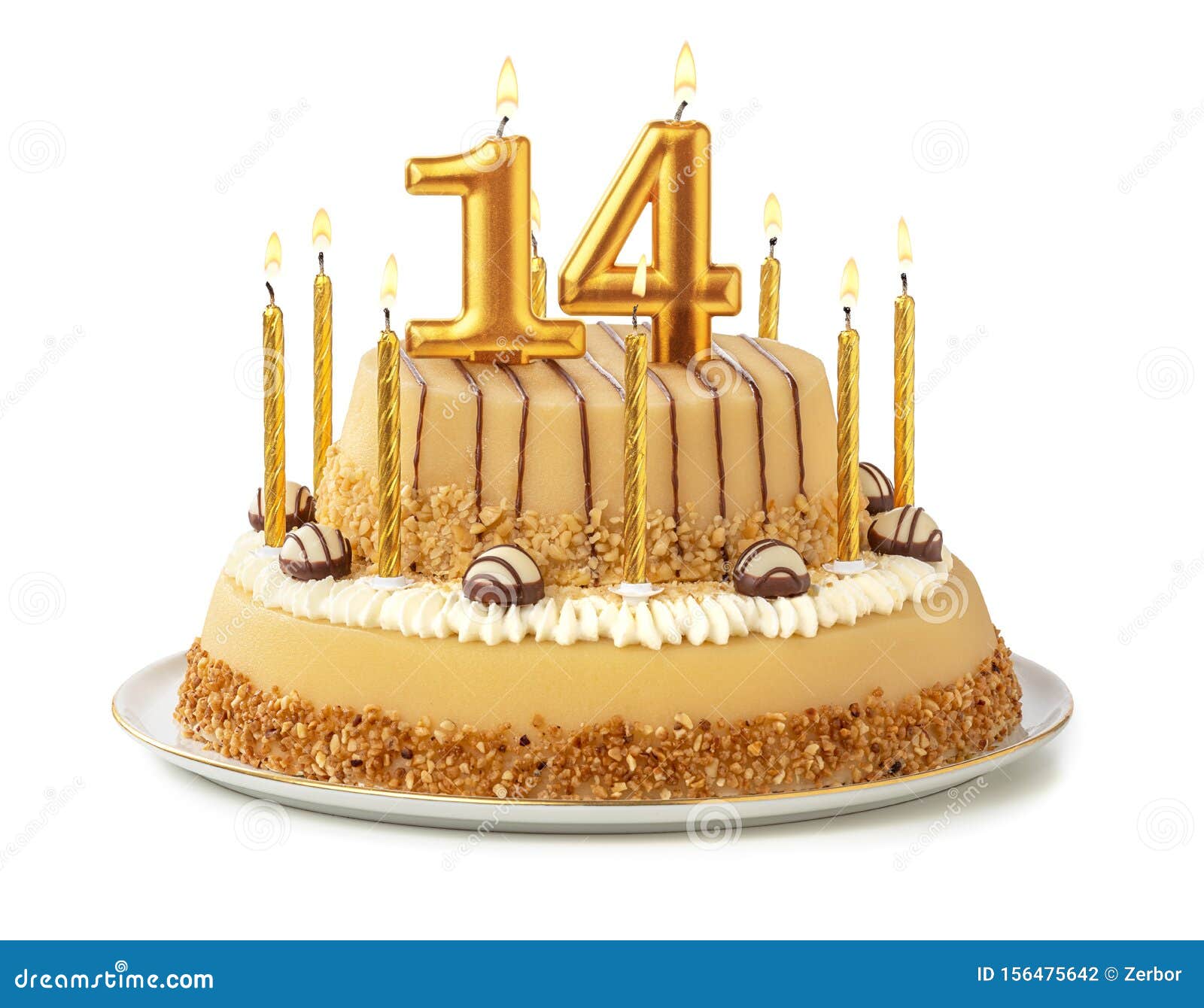 Festive Cake with Golden Candles - Number 14 Stock Photo - Image of ...