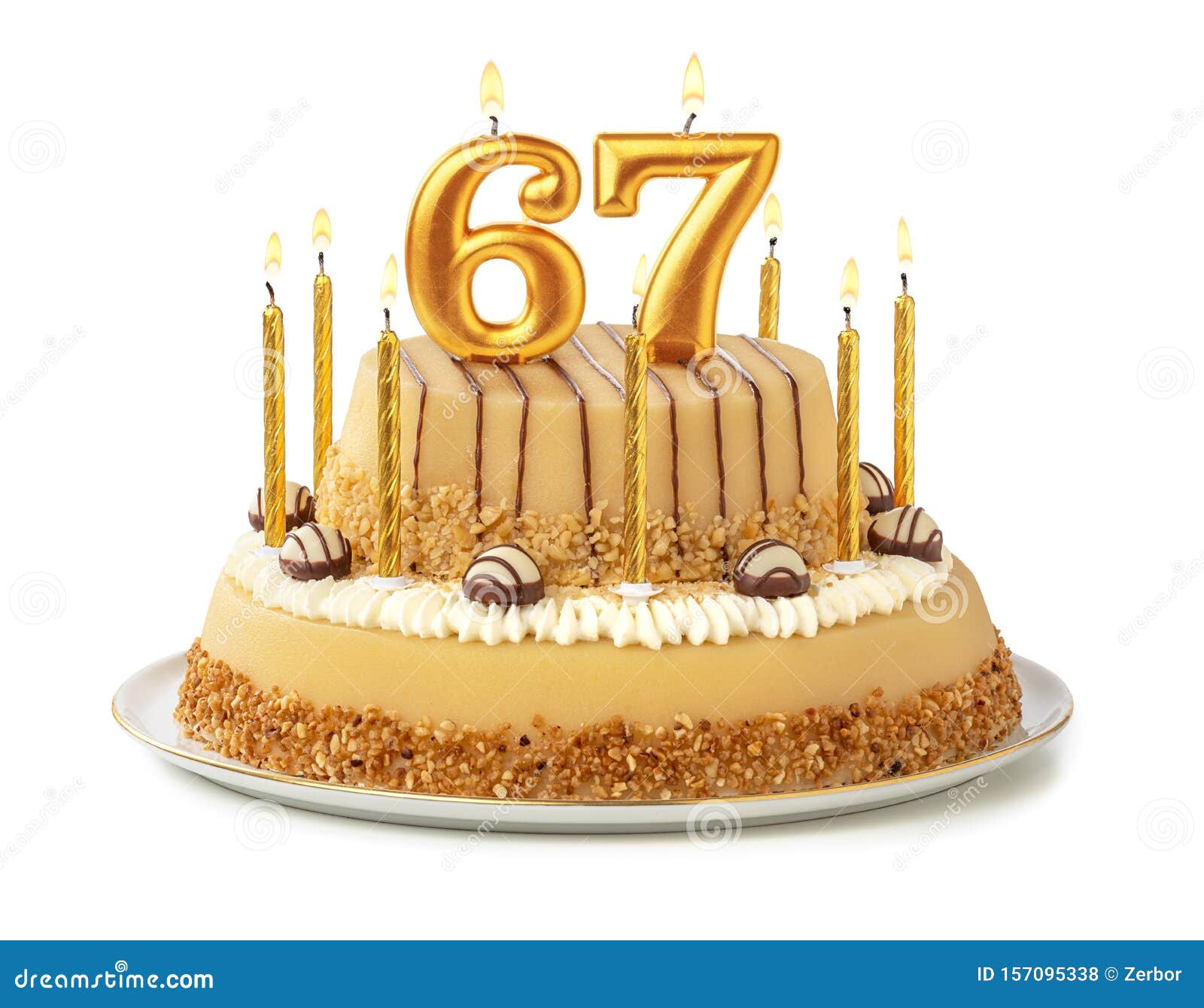 Festive Cake with Golden Candles - Number 67 Stock Photo - Image of ...