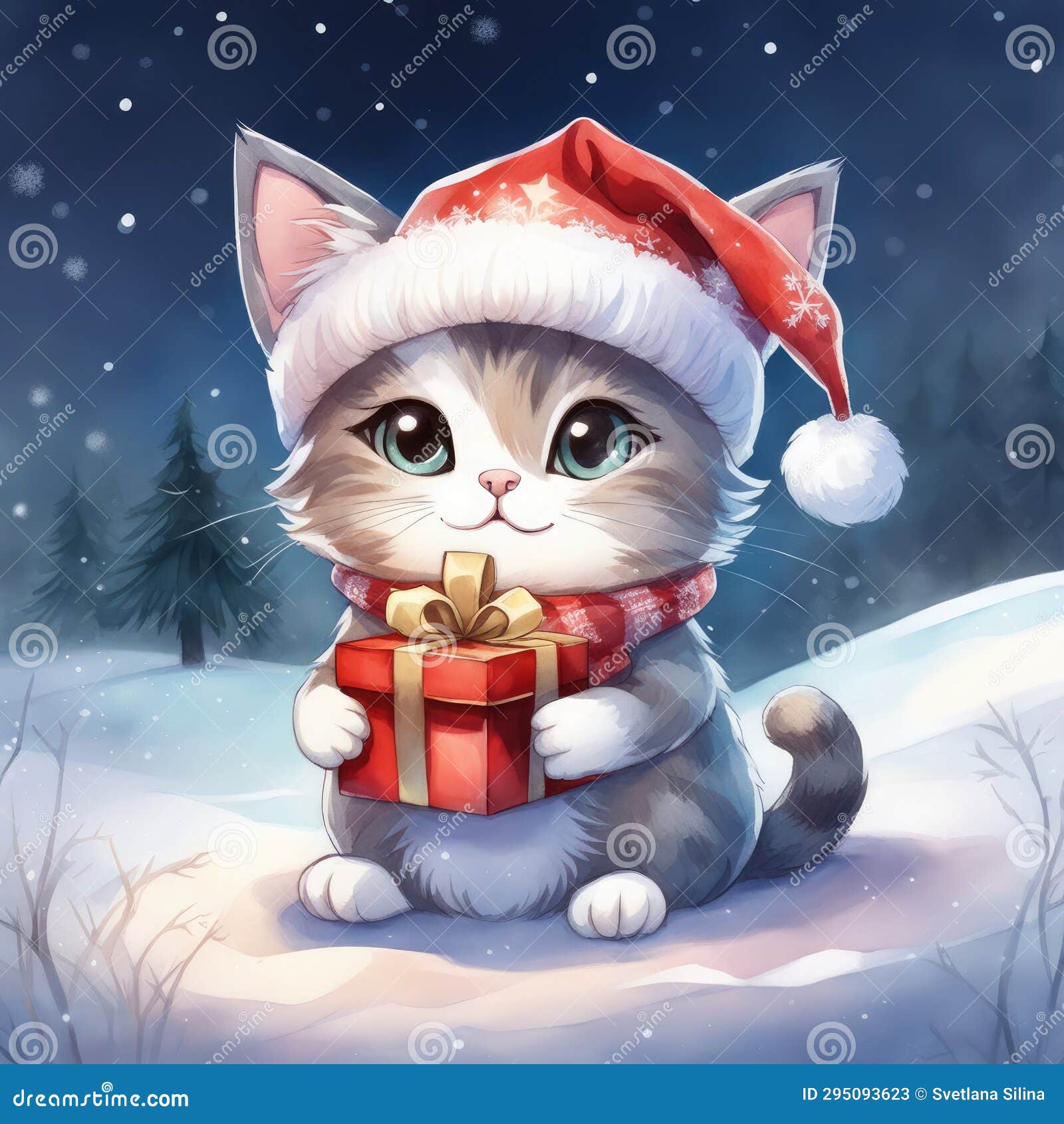 Festive Chibi Cat in Winter Wonderland Stock Image - Image of holding ...