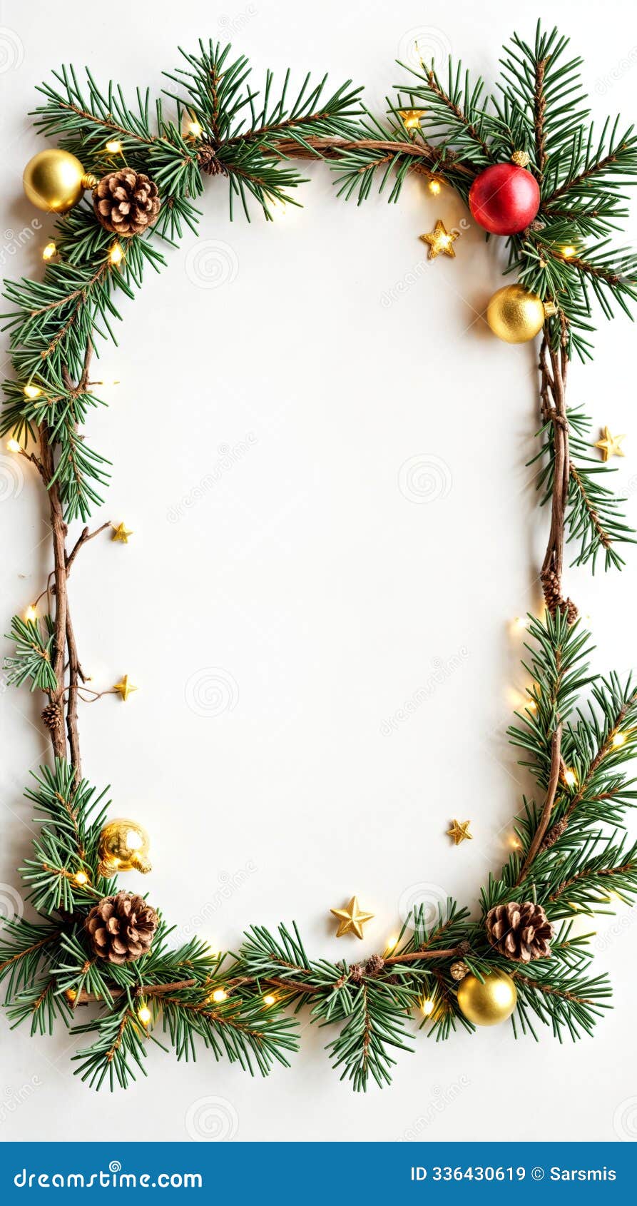 Festive Christmas Border with Pine Branches, Ornaments, and Lights on ...