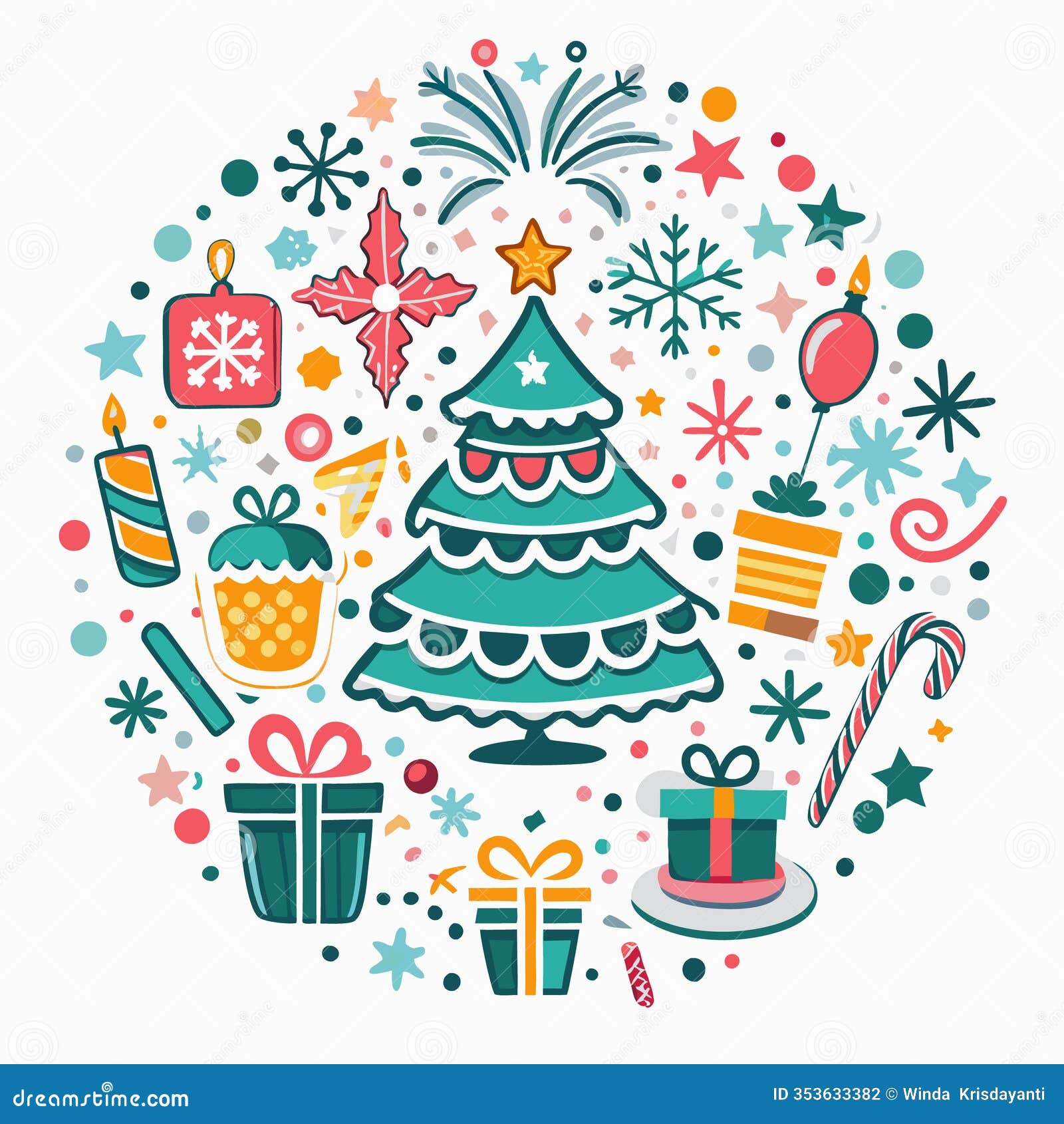 Festive Christmas Circle Design with Tree, Gifts, and Decorations Stock ...