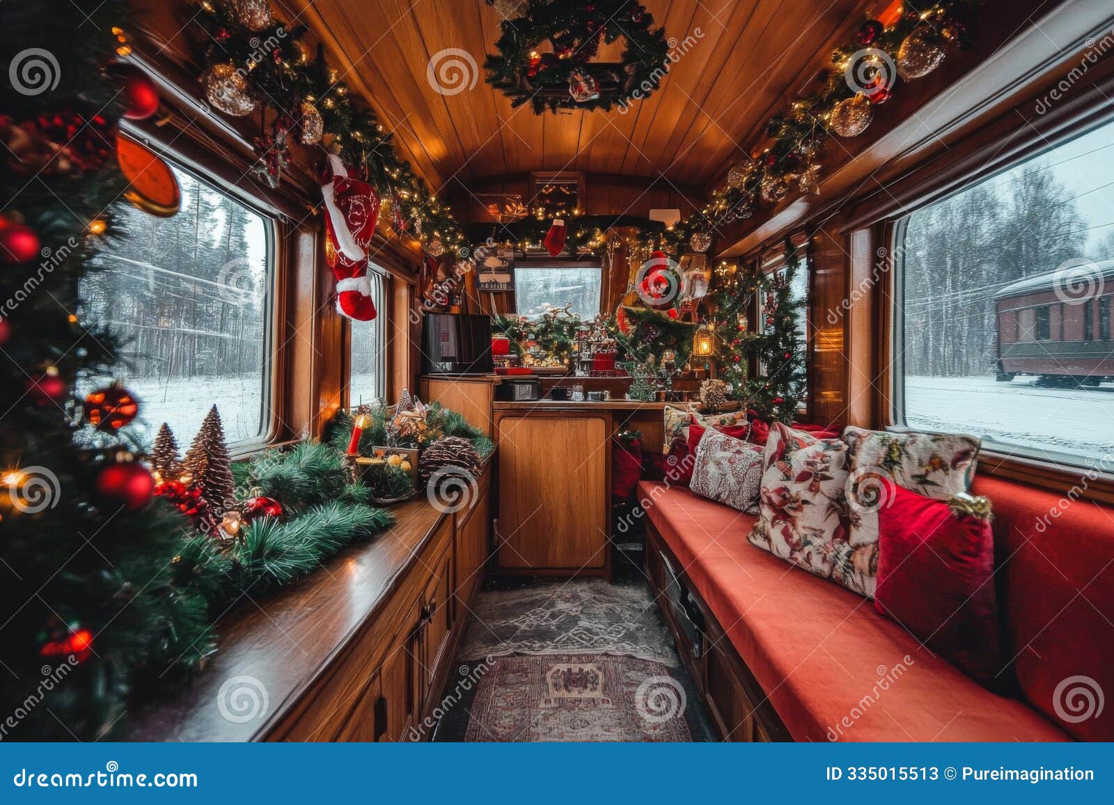 Festive Christmas Decor Inside a Train Cabin Stock Illustration ...