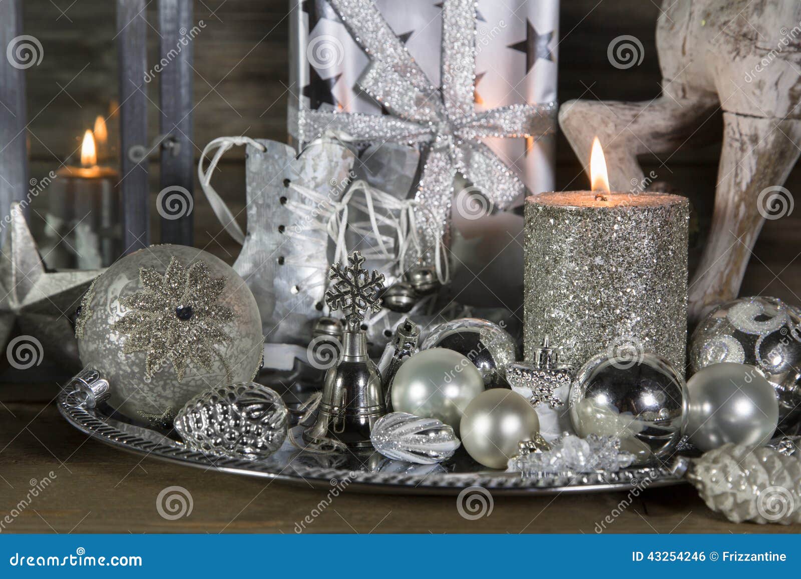 Festive Christmas Decoration in Silver with Burning Candles. Stock ...