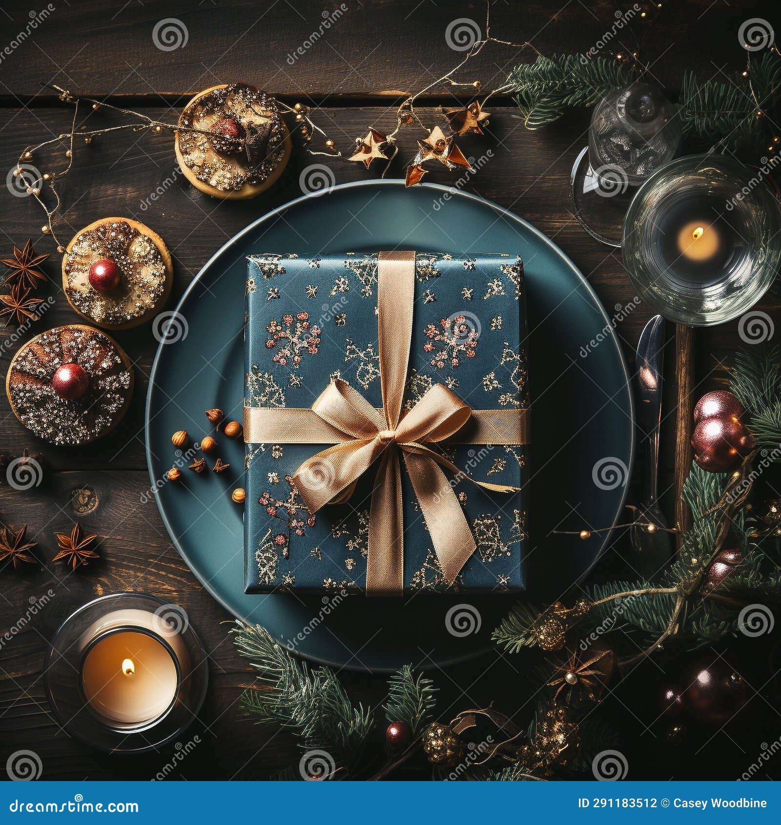 A Festive Christmas Flat Lay on Rustic Wooden Surface Stock ...