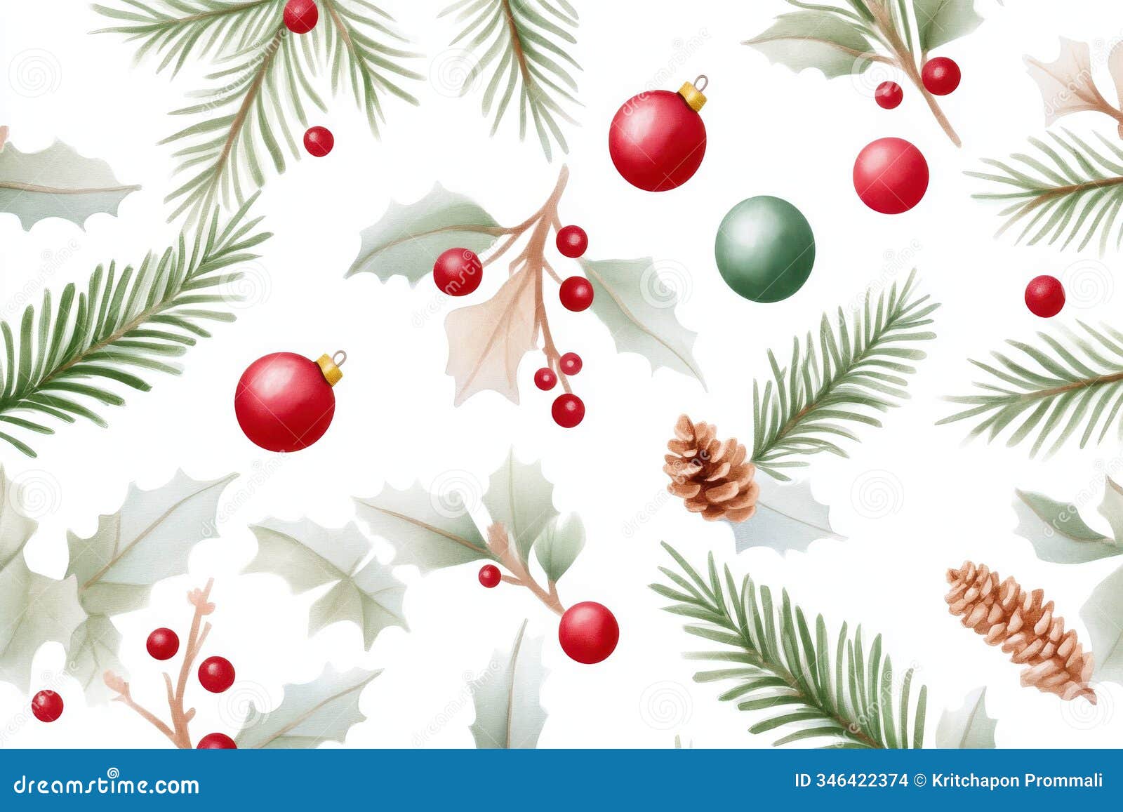 Festive Christmas Pattern with Holly, Pine, and Ornaments Stock ...