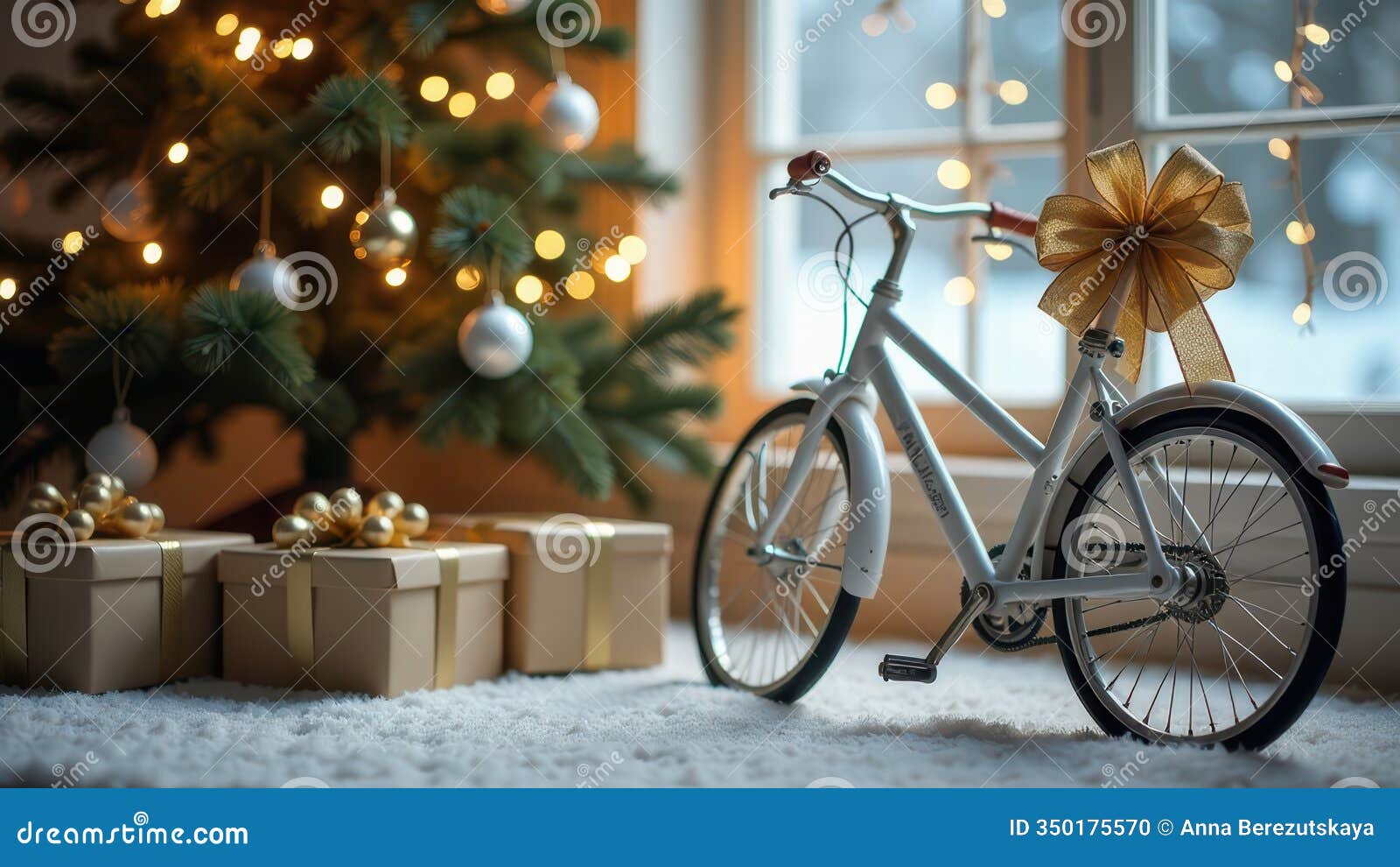 Festive Christmas Scene with Decorated Tree, Bicycle Gift, and Wrapped ...