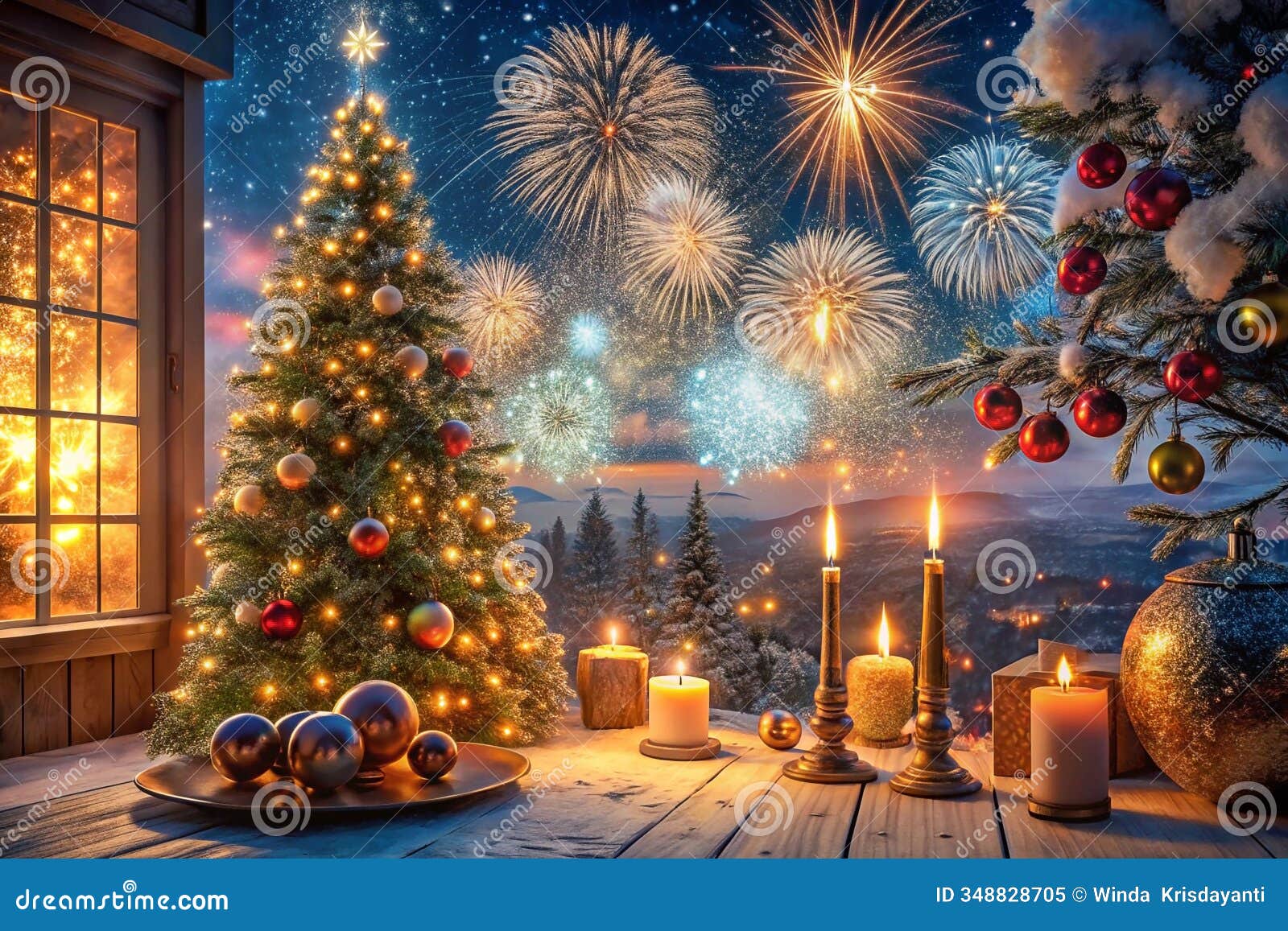 Festive Christmas Scene with Fireworks, Lit Candles, and Decorated Tree ...