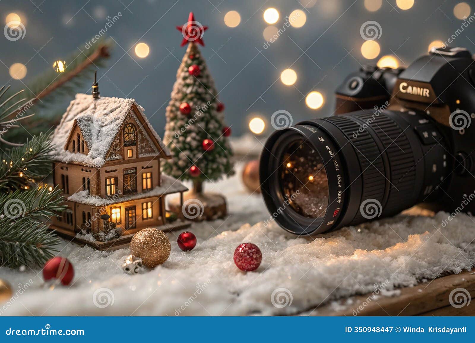 Festive Christmas Scene with Miniature House, Tree, and Camera Lens ...