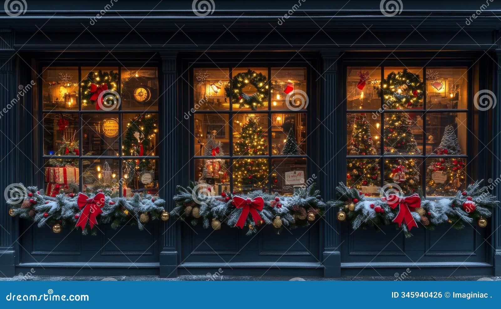 Festive Christmas Shop Window Display at Night Stock Illustration ...