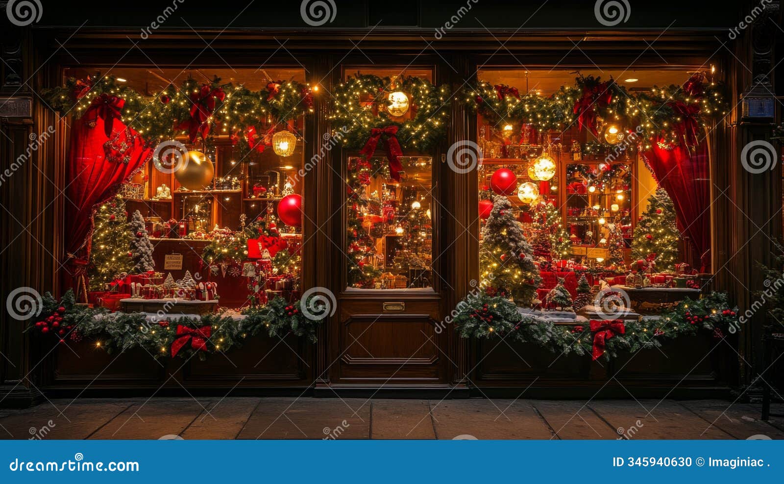 Festive Christmas Shop Window Display at Night Stock Illustration ...