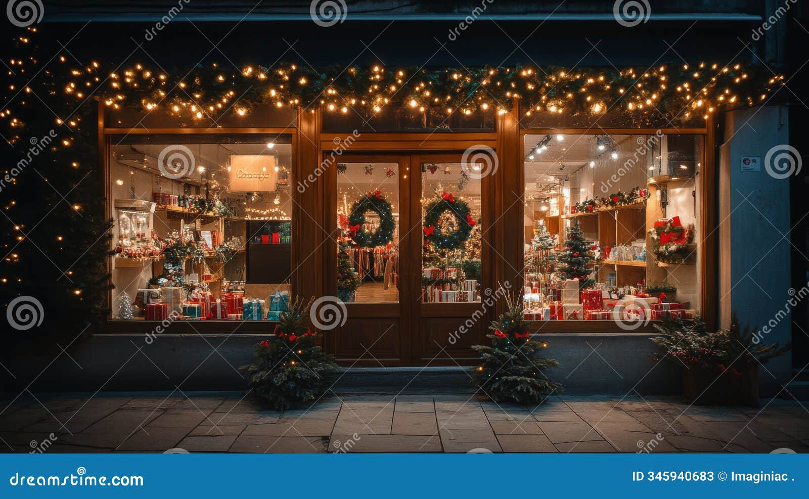 Festive Christmas Shop Window Display at Night Stock Illustration ...
